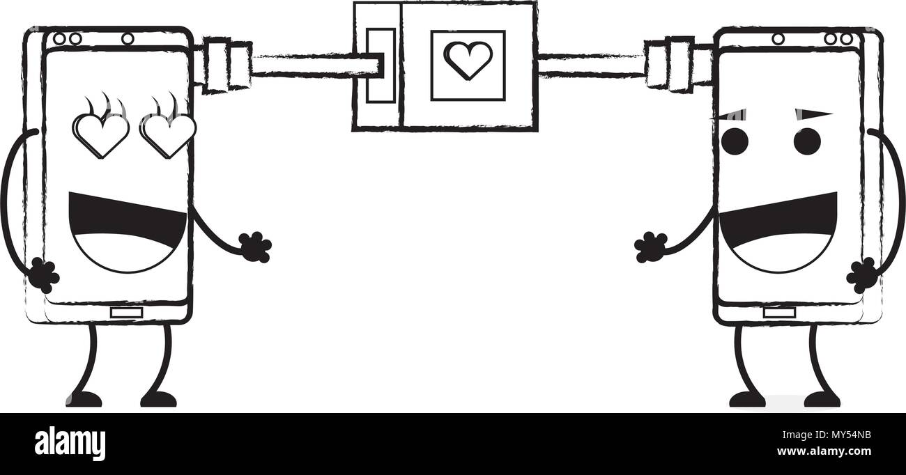 cartoon smartphones plugged sending love over white background, vector ...
