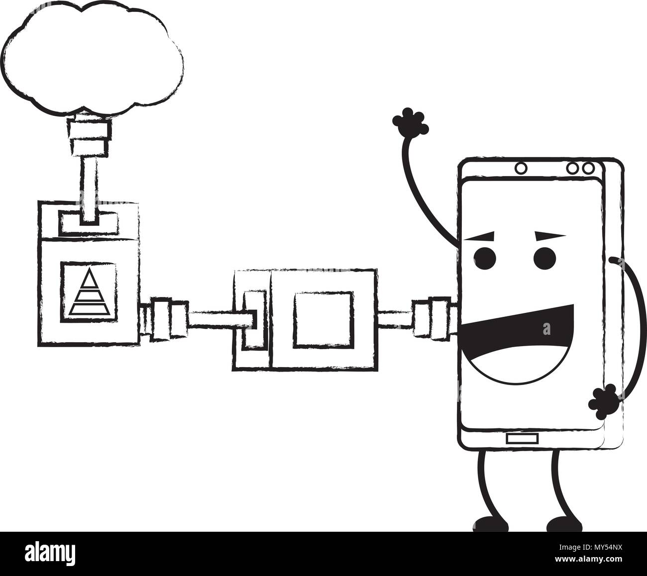Cartoon smartphone plugged to the cloud storage over white background ...