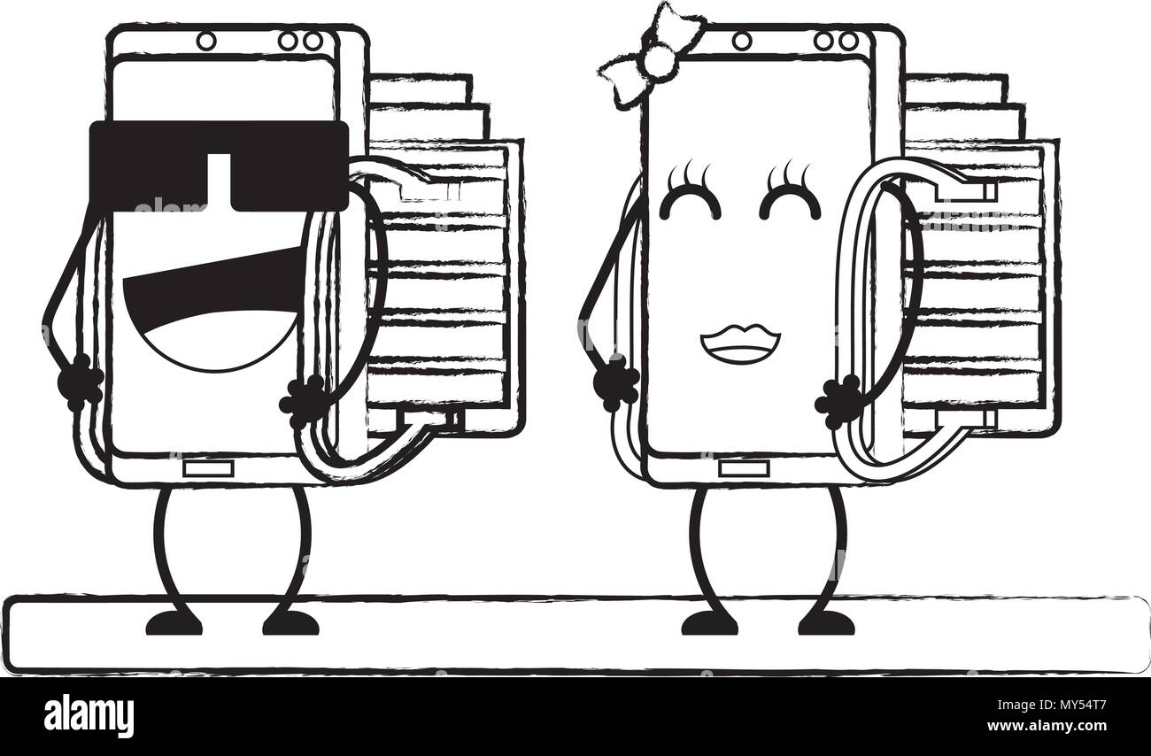 Cartoon cool smartphones with battery backpacks over white background ...