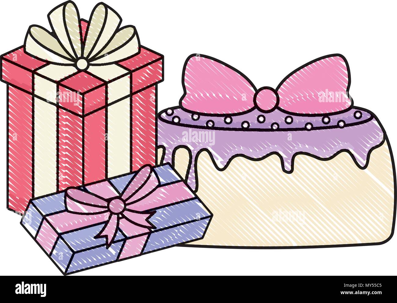 Happy birthday design with birthday cakes and gift boxes over white ...