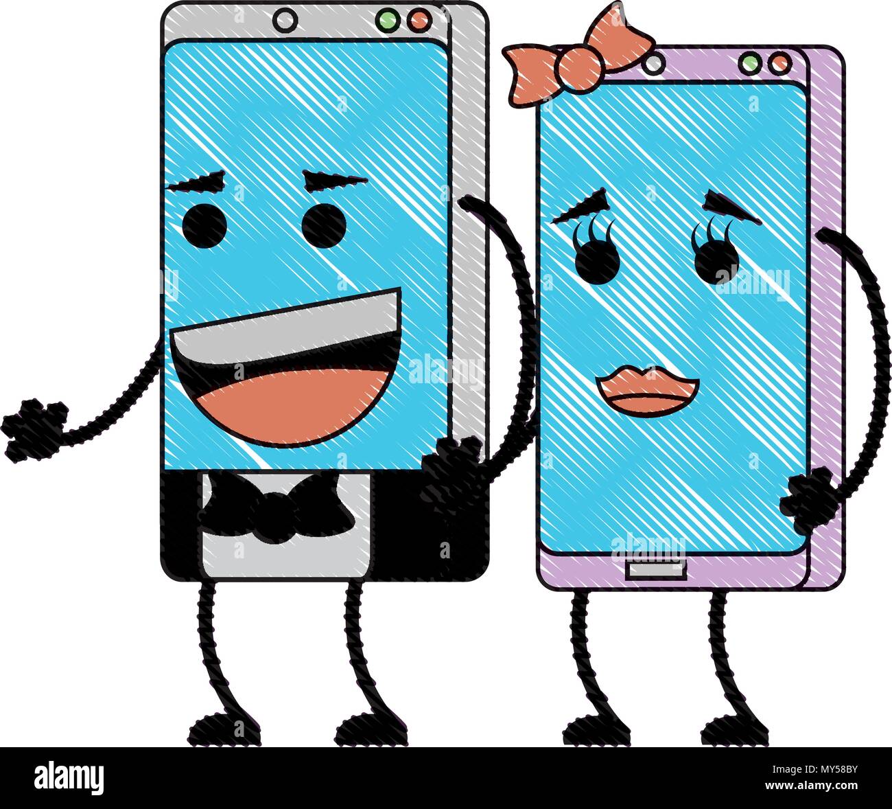 Cartoon elegant couple of smartphones over white background, vector ...