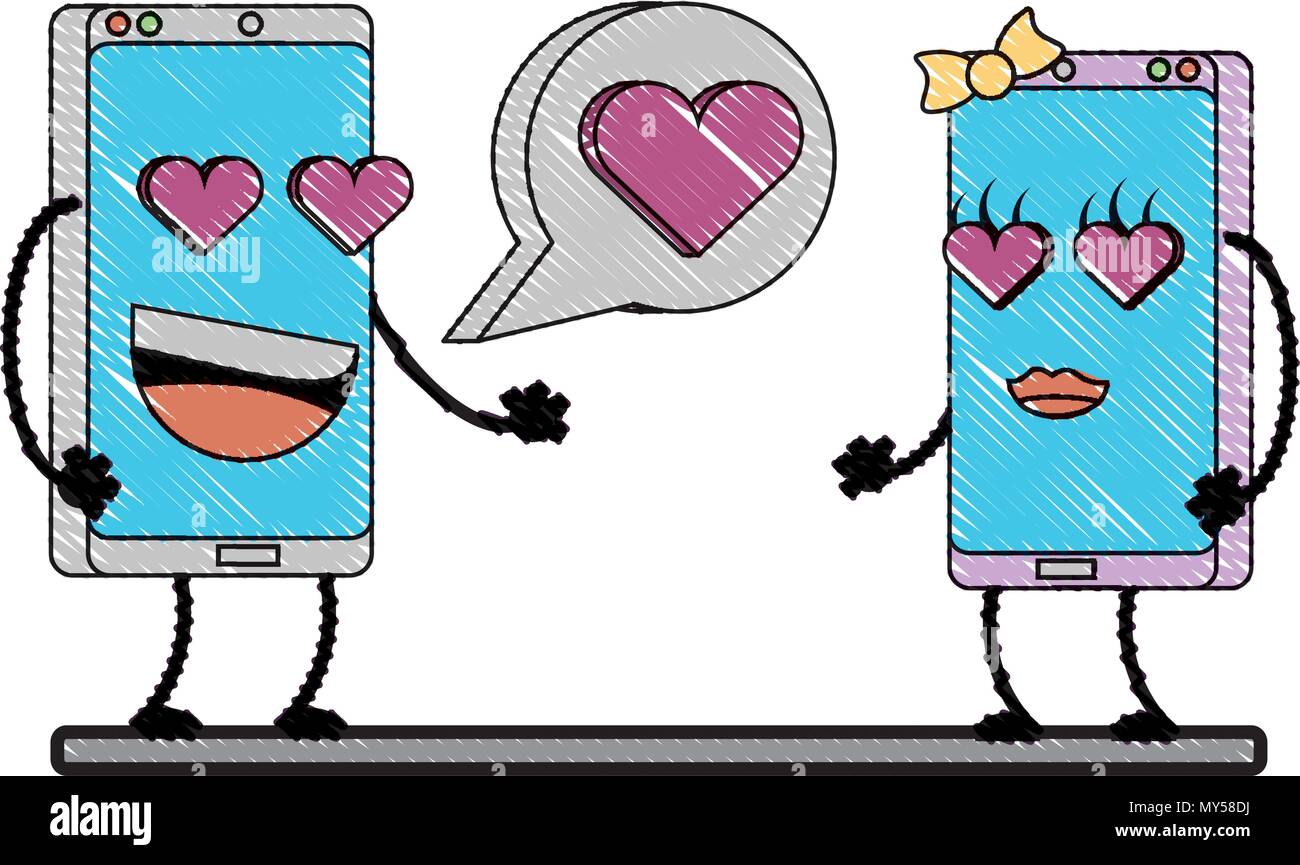 Cartoon couple of smartphones in love over white background, vector ...