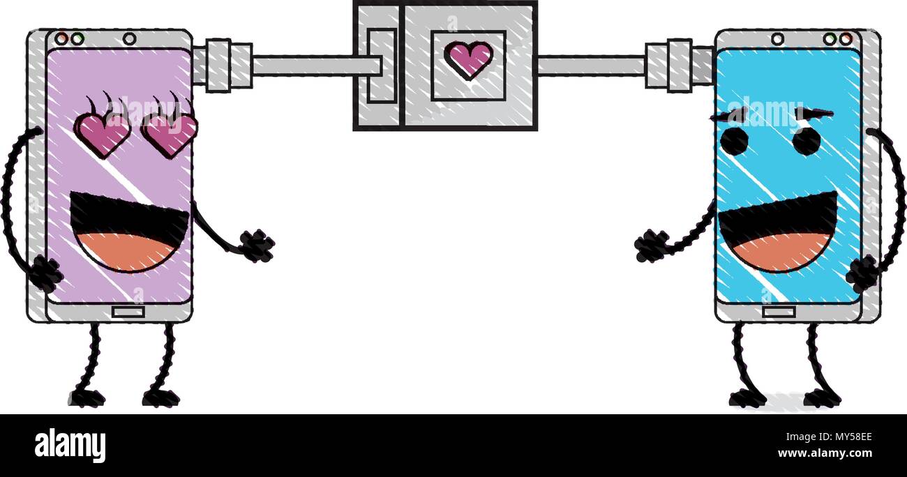 cartoon smartphones plugged sending love over white background ...
