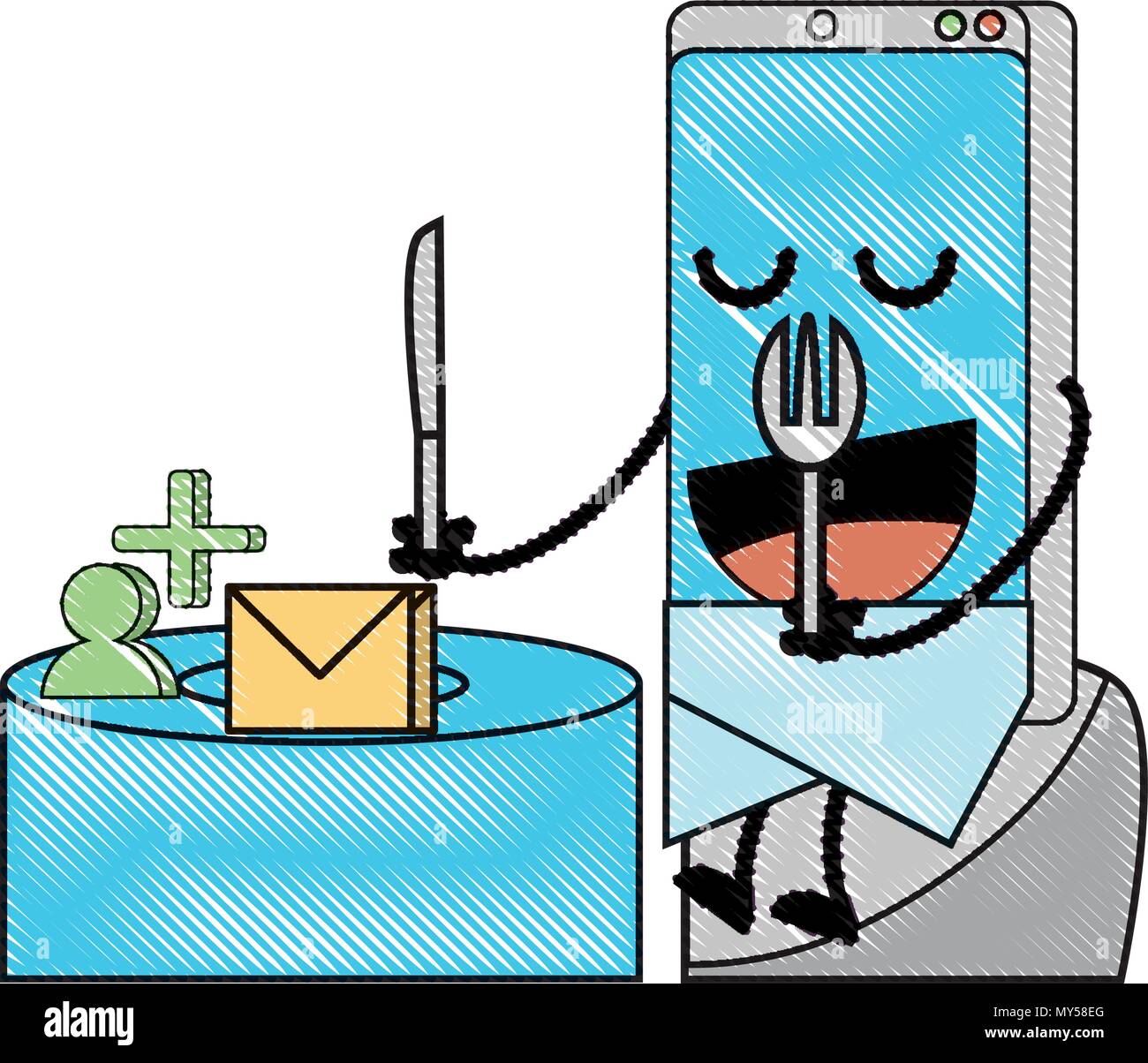 Cartoon smartphone sitting on the table over white background, colorful ...