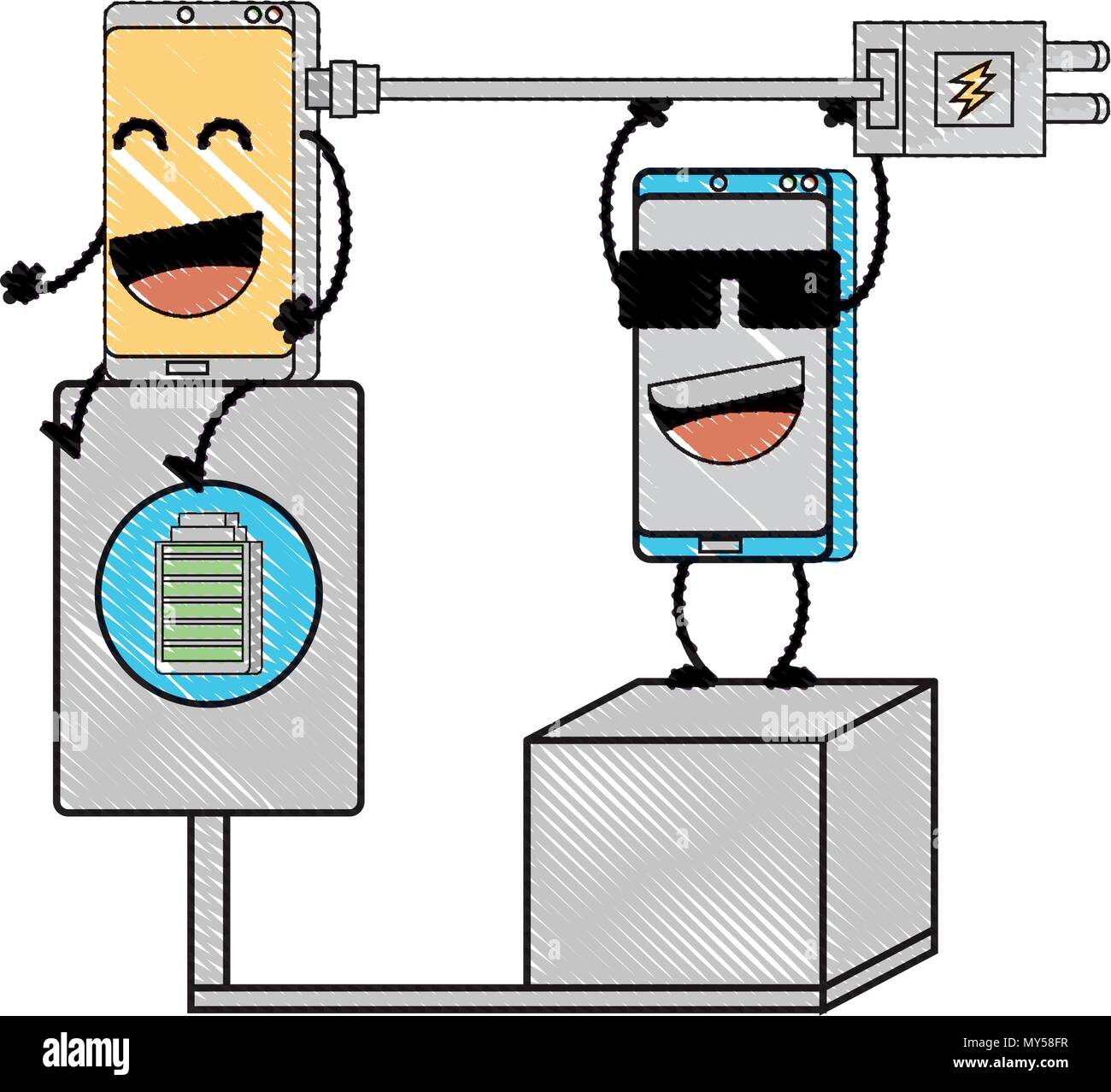 Cartoon happy smartphones in battery zone over white background, vector ...