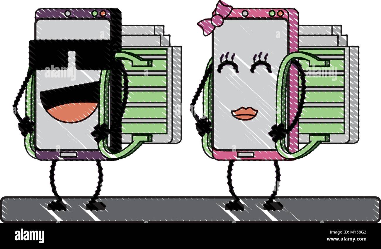 Cartoon cool smartphones with battery backpacks over white background ...