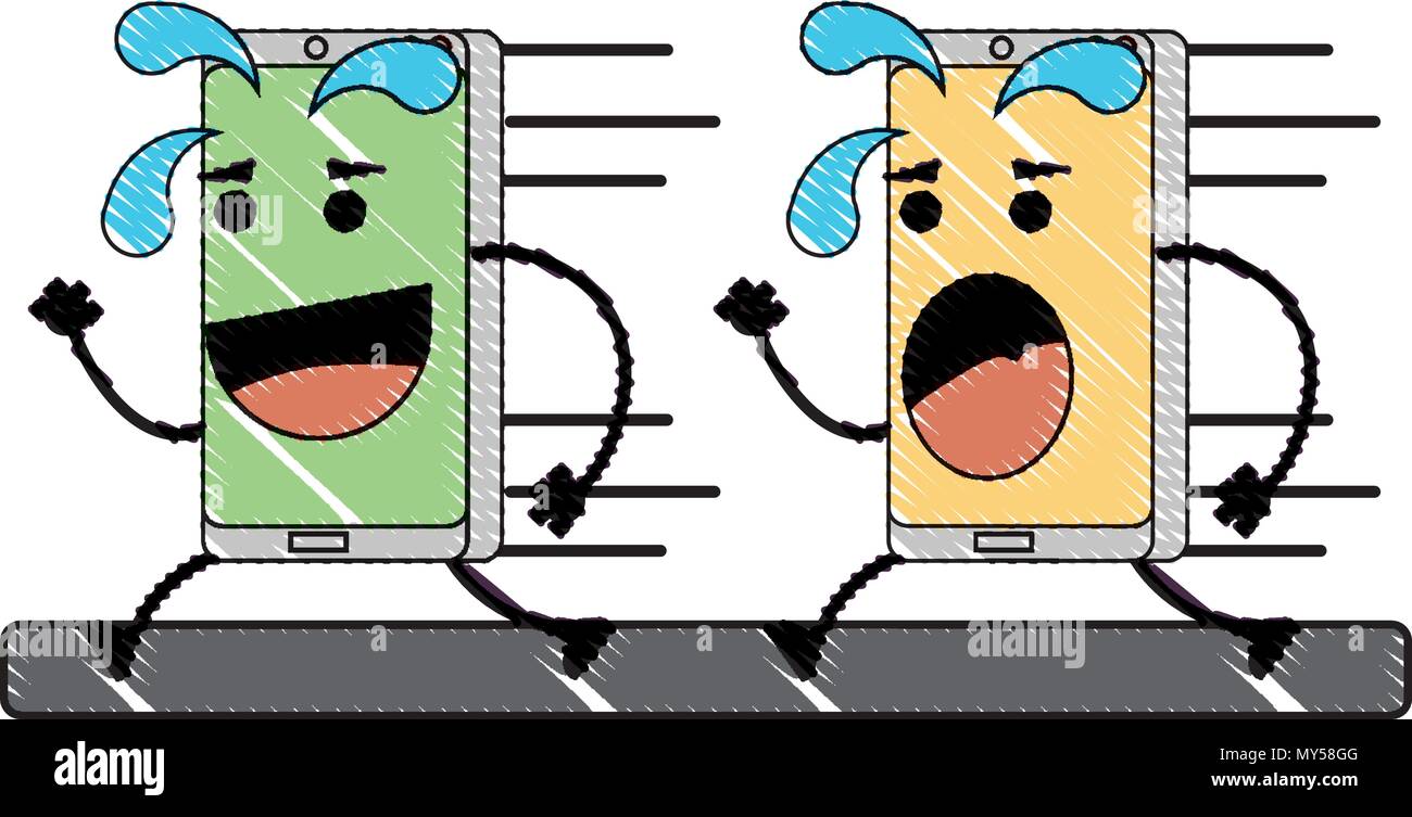 Cartoon smartphones running over white background, vector illustration ...