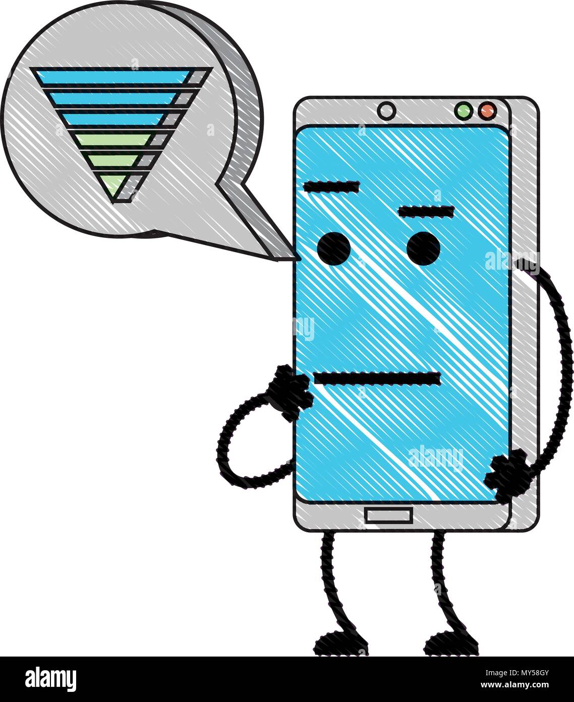 Cartoon worried smartphone thinking in low signal over white background ...