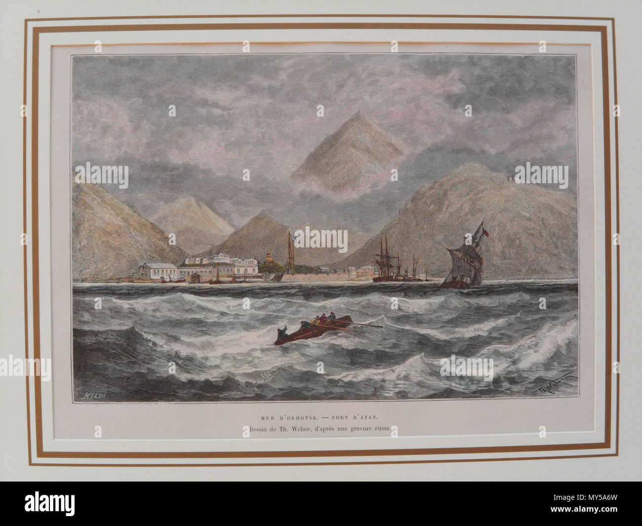 . English: Mer D´Okhotsk, Port D´Ayan Handcoloured wood engraving by ...