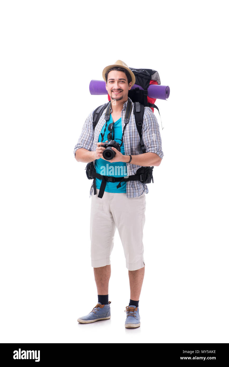 Backpacker with camera isolated on white background Stock Photo - Alamy