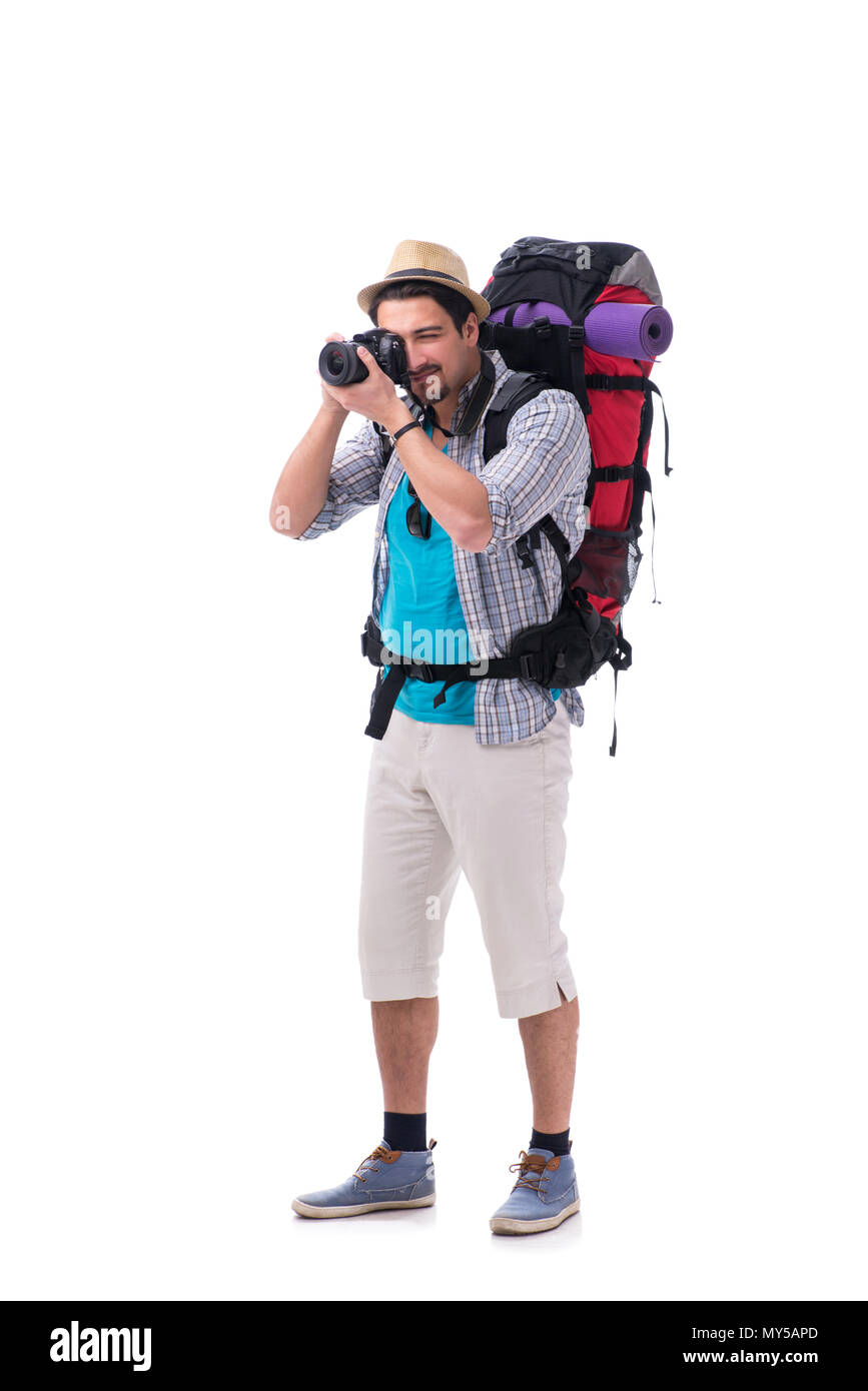 Backpacker with camera isolated on white background Stock Photo - Alamy
