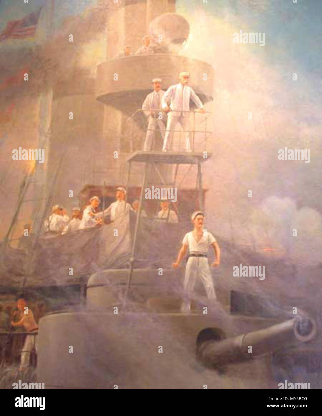 . Commodore George Dewey directing the battle from on board USS Olympia. Battle of Manila Bay, 1 ...
