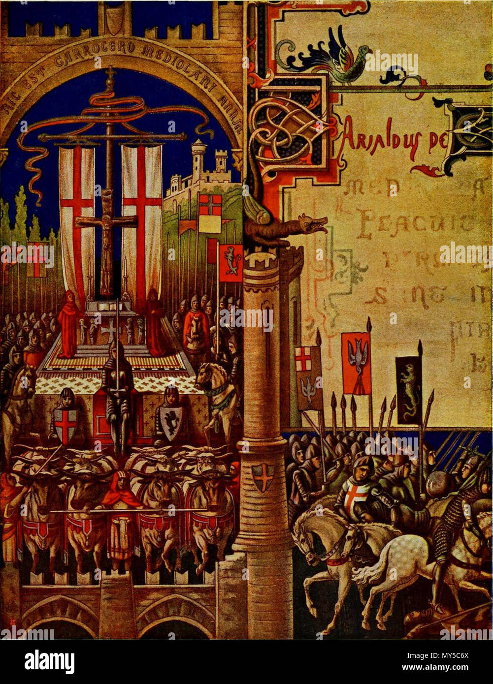 . English: The carroccio depicted in an ancient miniature. The caption ...