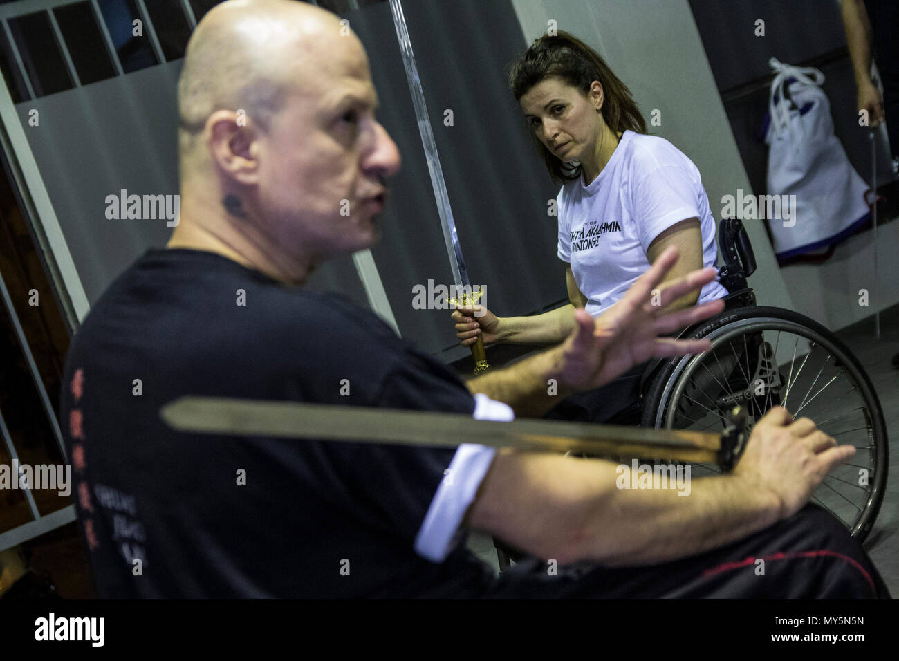 Athens, Greece. 5th June, 2018. Kostas Moukas (front), a disabled Wushu ...