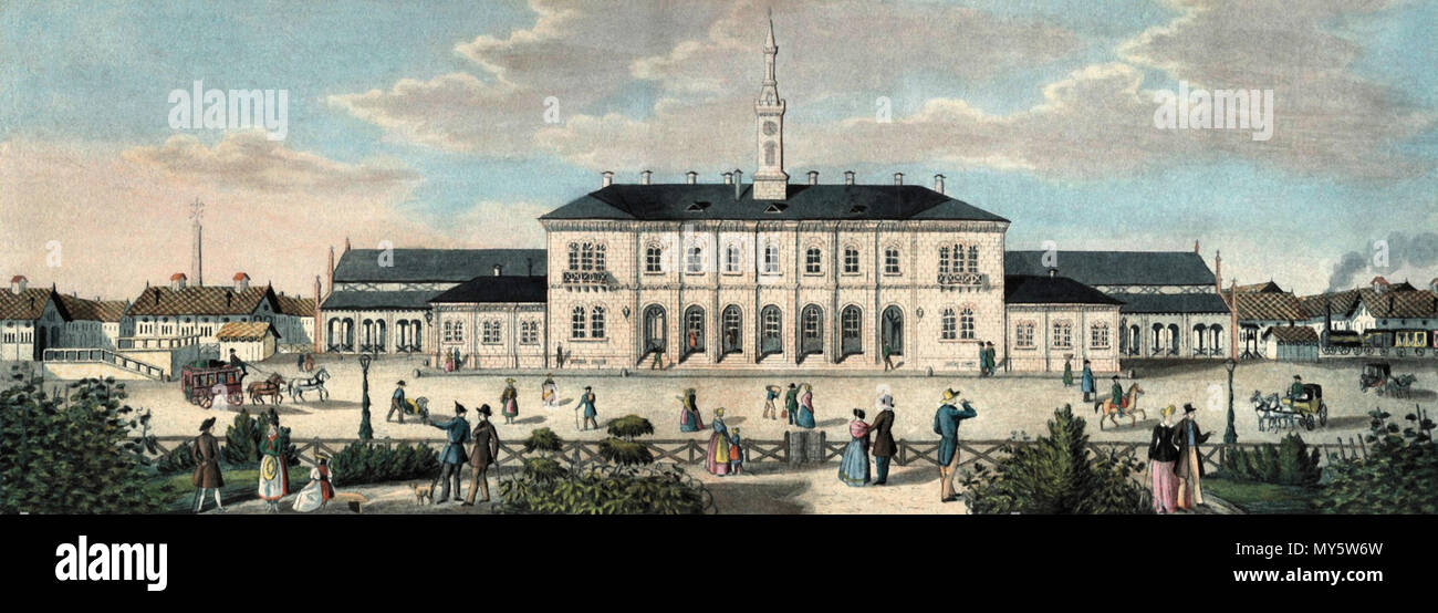 . English: Original Freiburg Train Station. The lithography shows the ...