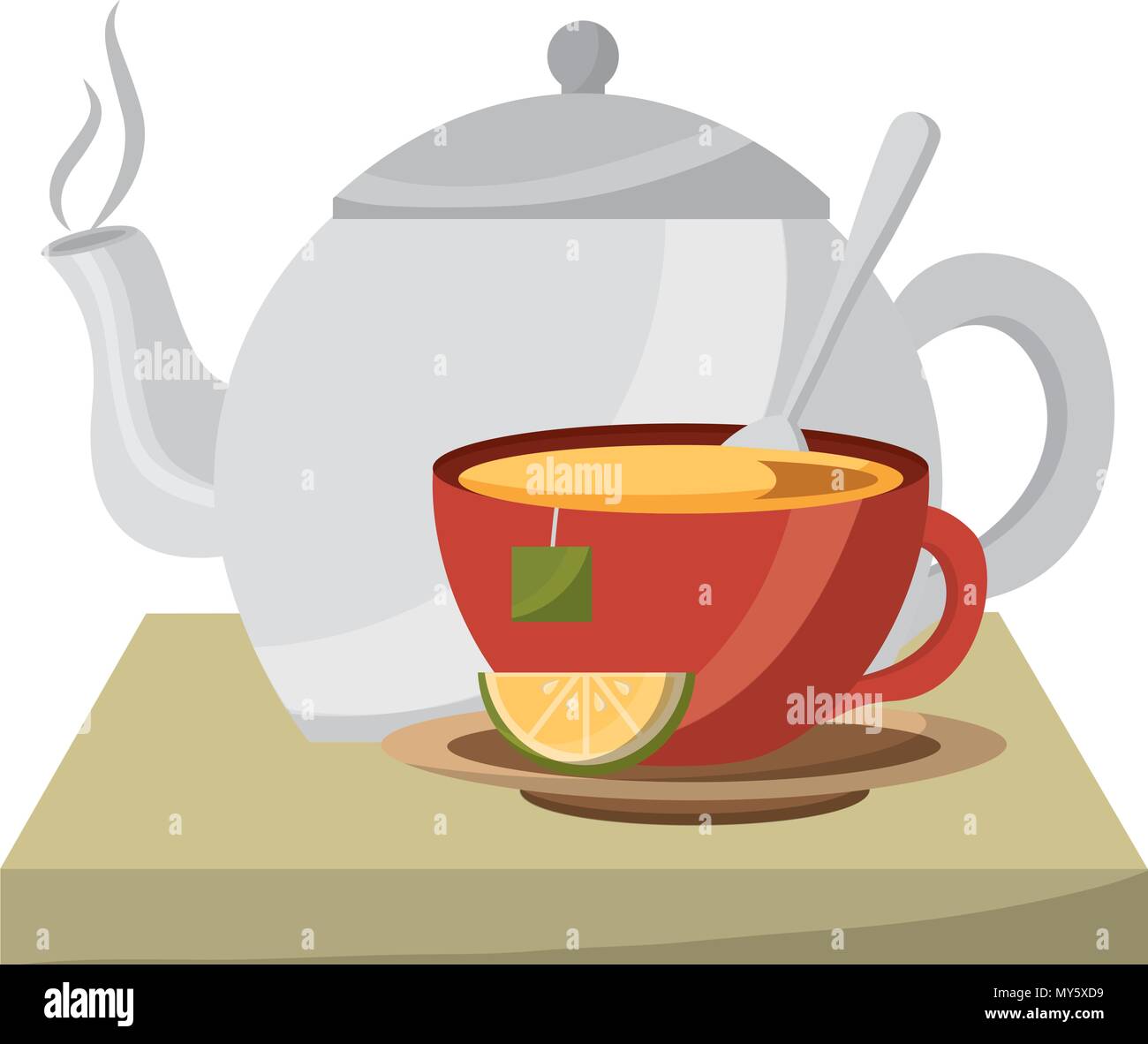 teapot porcelain and cup spoon lemon utensil vector illustration Stock ...