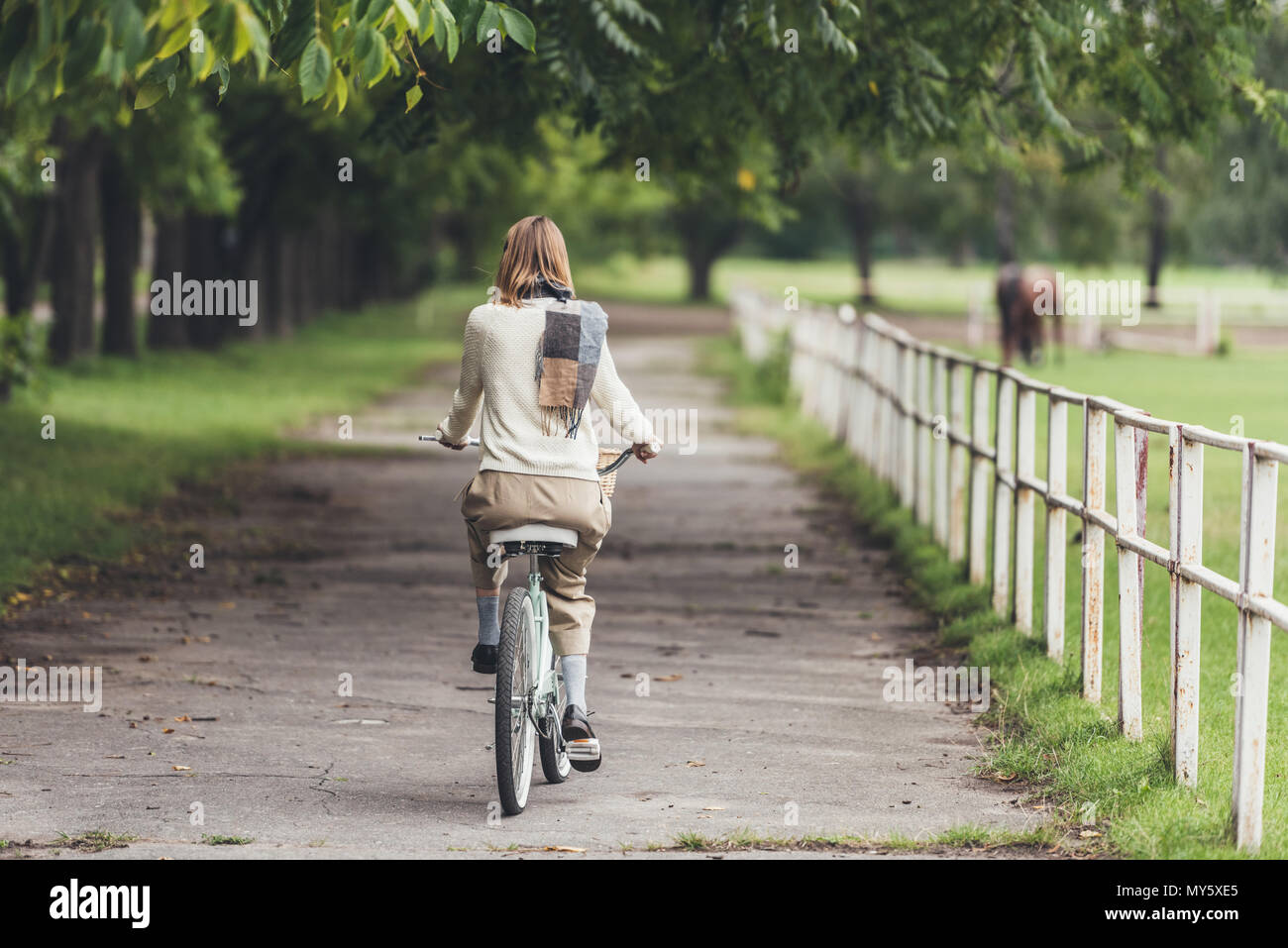 back view of stylish woman riding bike at countryside Stock Photo - Alamy