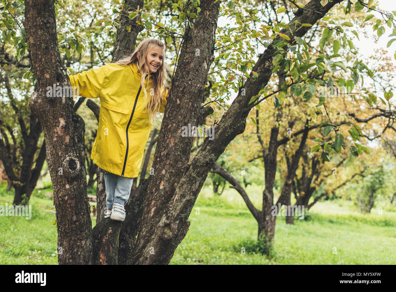 adorable smiling child in yellow raincoat standing on tree at park ...