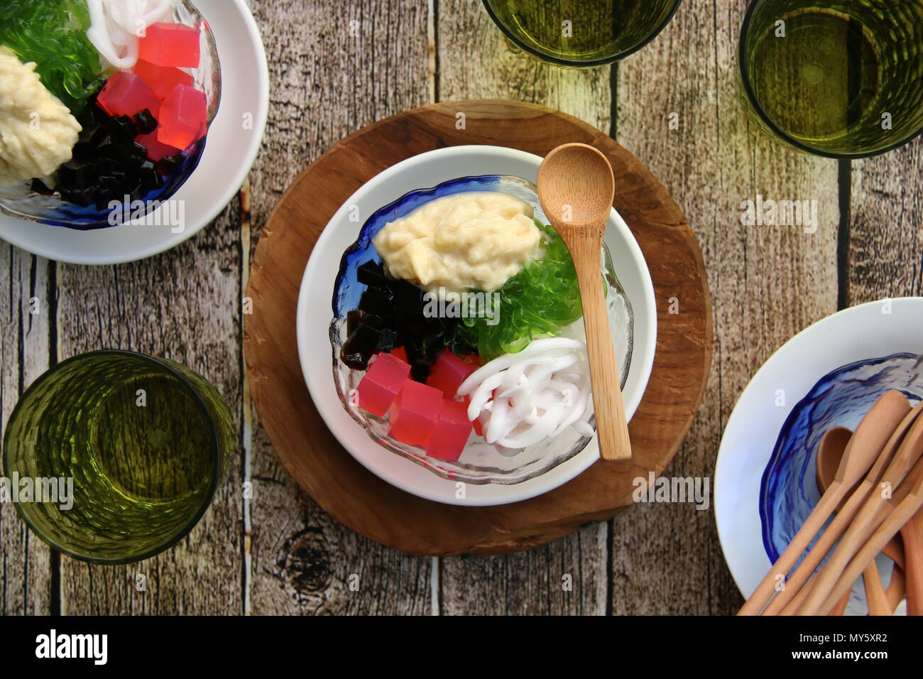 Iced Durian or Es Campur Duren. Cold, icy dessert of crushed ice with ...