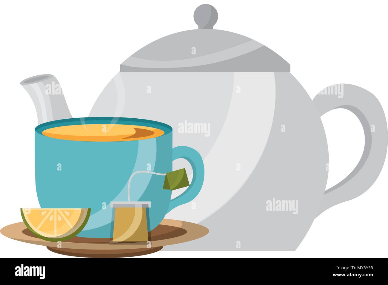 teapot porcelain and cup spoon lemon utensil vector illustration Stock ...
