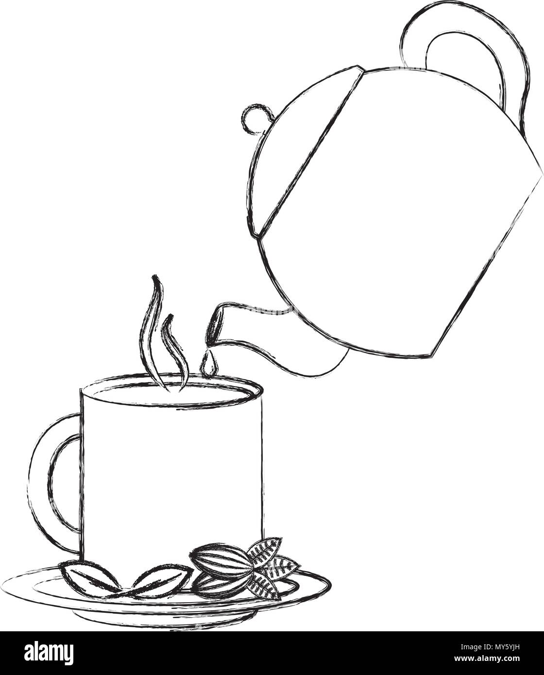 teapot pouring tea on mug on dish vector illustration sketch Stock ...