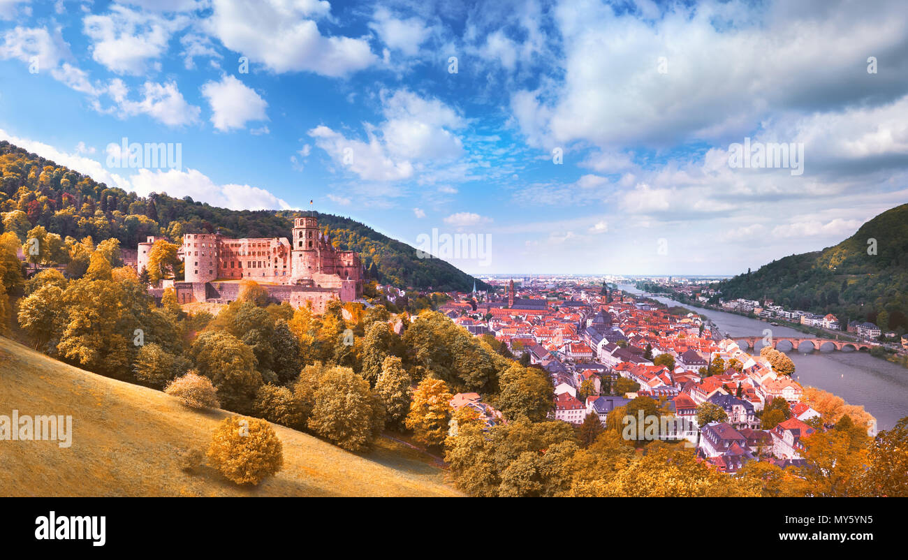 Ruins of Heidelberg castle and aerial view over Heidelberg town in ...