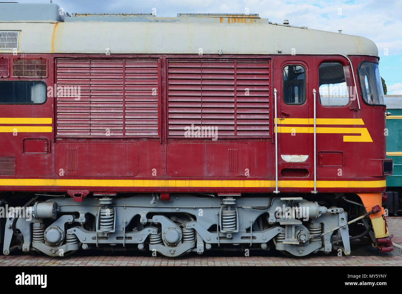 Cabin of modern Russian electric train. Side view of the head of ...