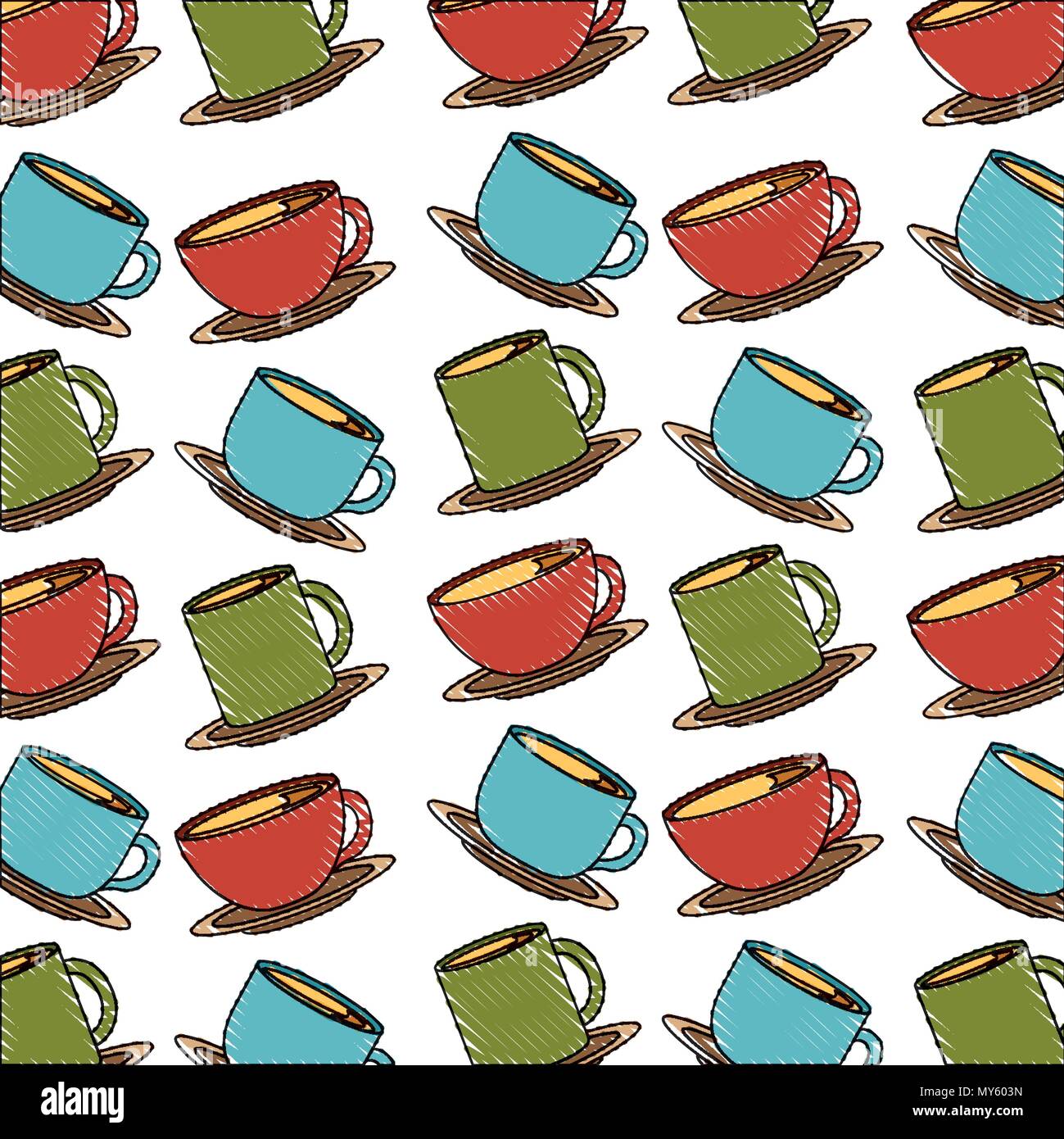colored many coffee cups beverage pattern vector illustration drawing ...