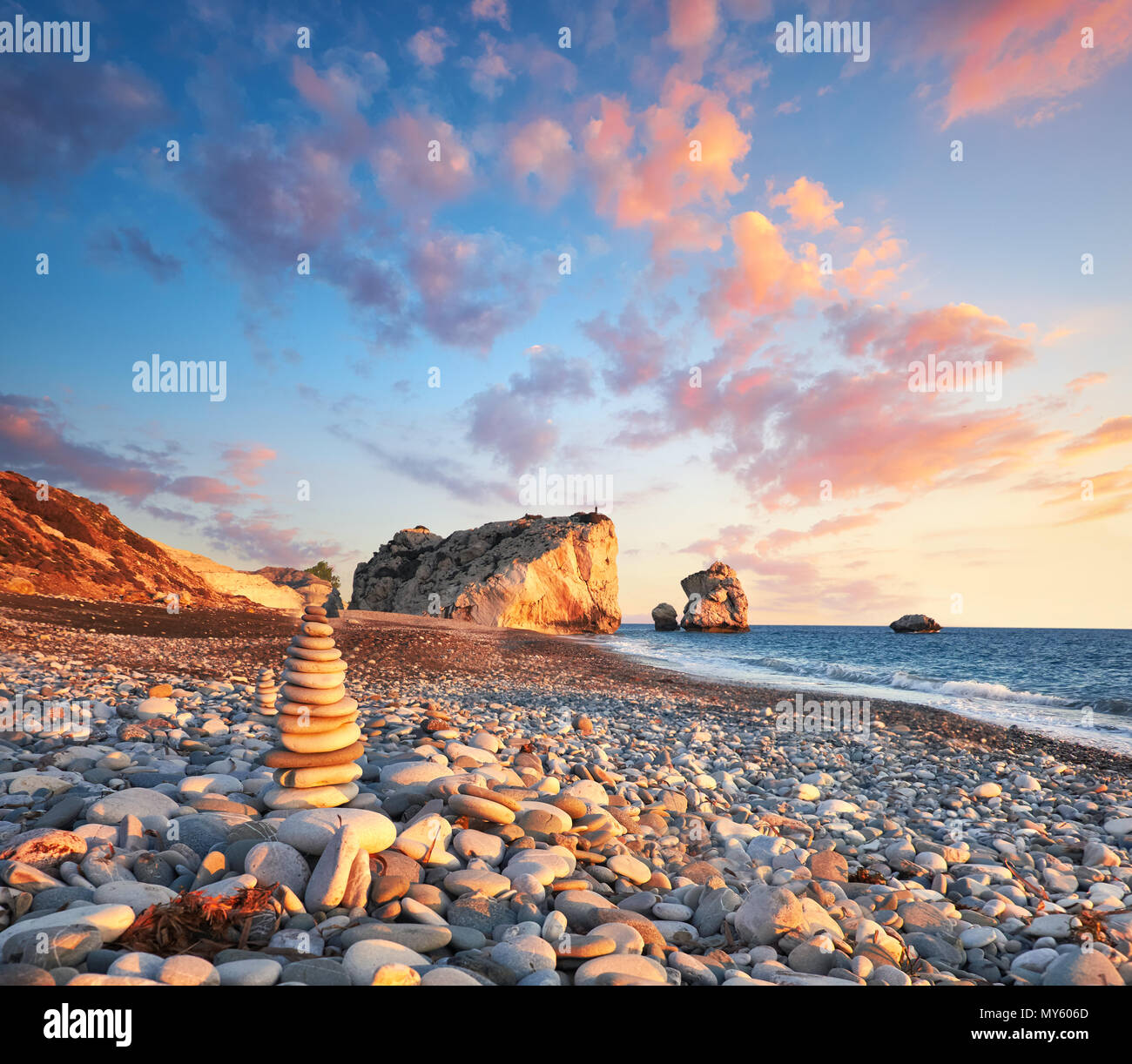Sunset near Petra tou Romiou in Cyprus, Paphos, panoramic image Stock ...