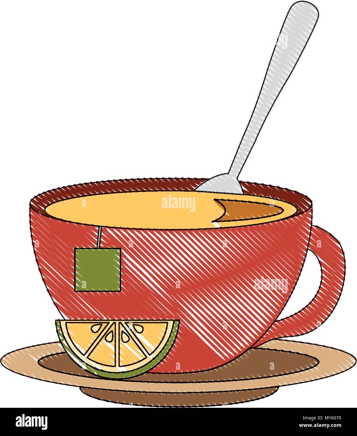 tea cup hot with spoon leaves bag on dish vector illustration drawing ...