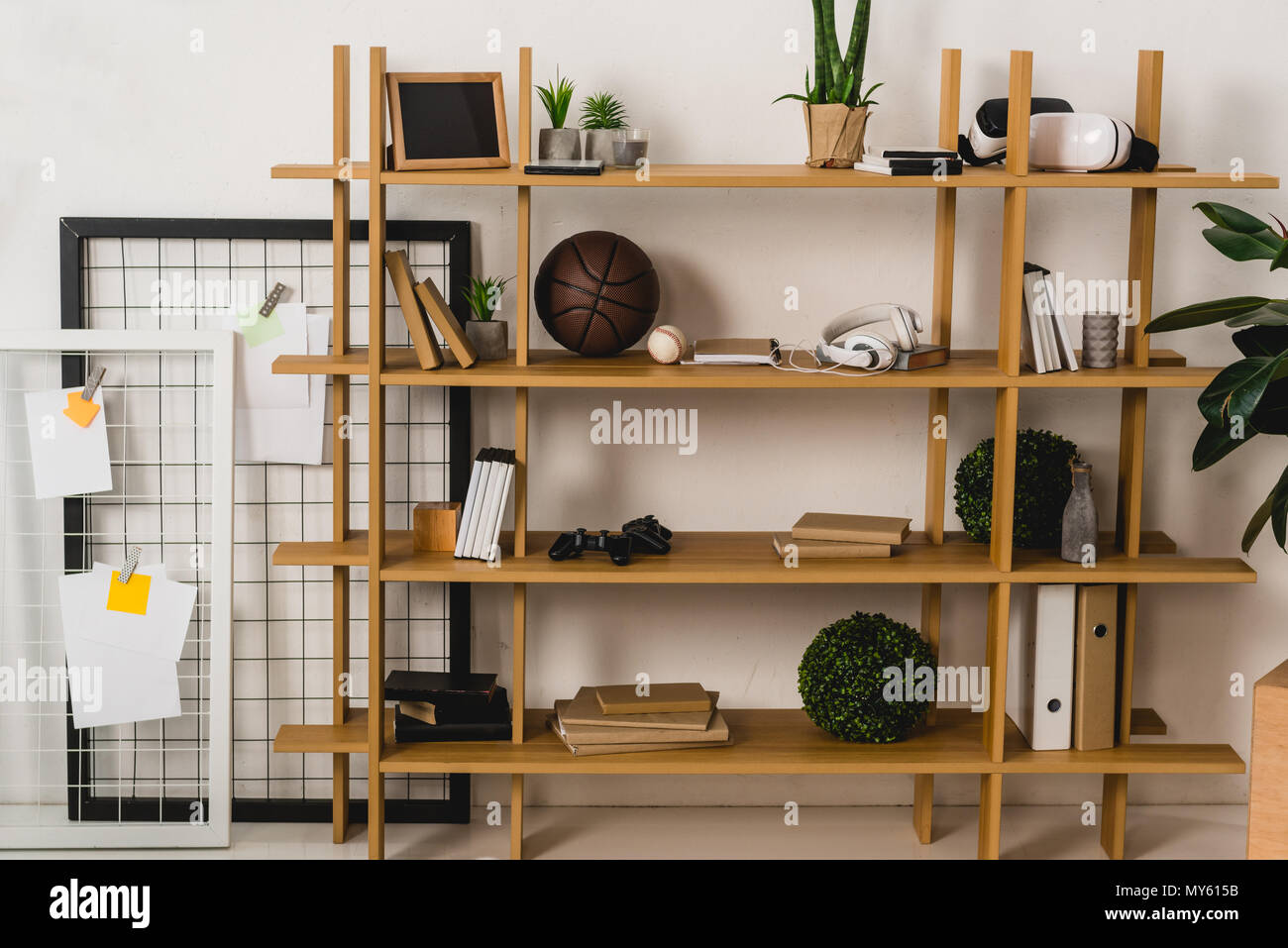 brown wooden shelves with stuff at home Stock Photo - Alamy