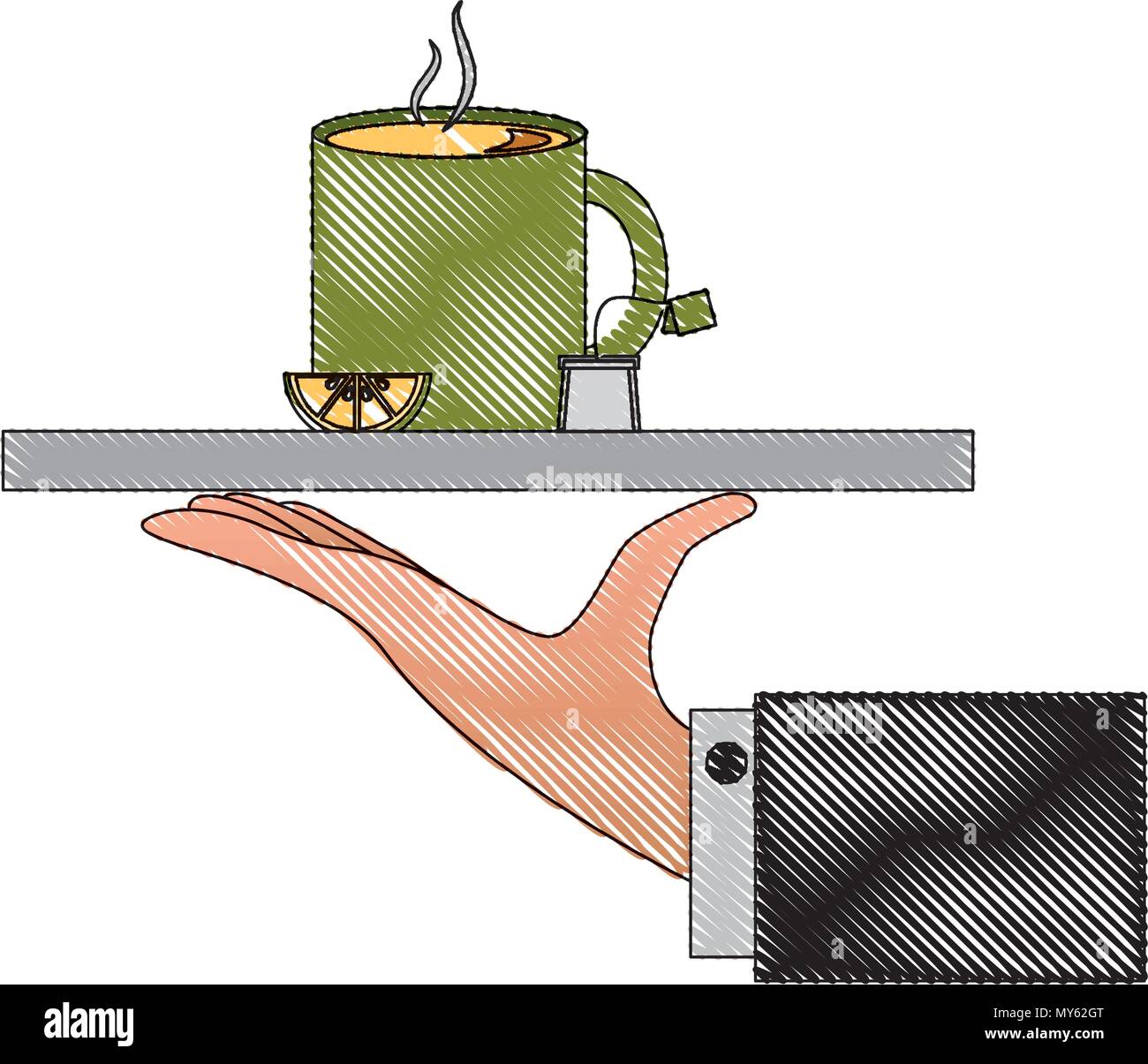 hand holding tea cup hot on tray vector illustration drawing Stock ...