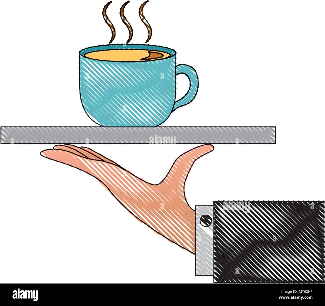 hand holding coffee cup on tray vector illustration drawing Stock ...