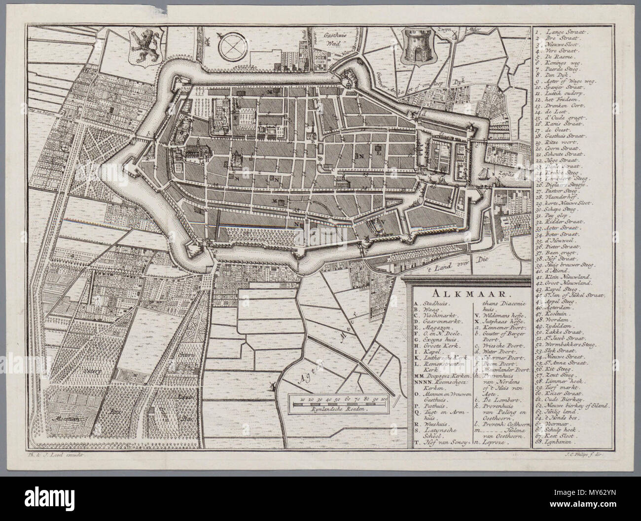 Alkmaar. Plattegrond van Alkmaar. Titel met legenda en schaalstok ...