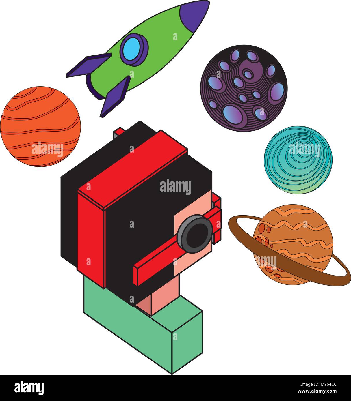 boy using vr goggles looking planets and rocket Stock Vector Image ...