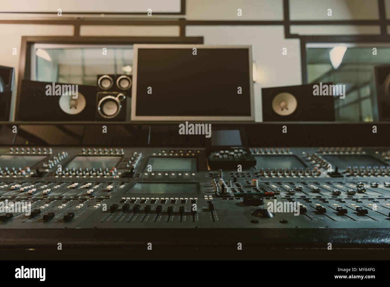 view of graphic equalizer at modern recording studio Stock Photo - Alamy