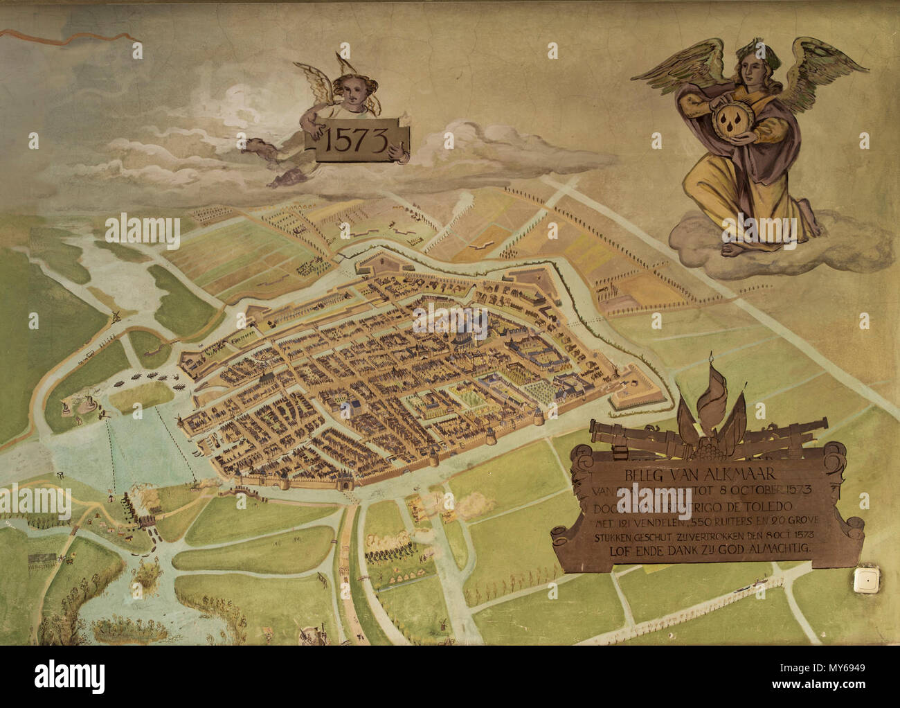Het beleg van Alkmaar. Uitsnede van een grote muurschildering in ...