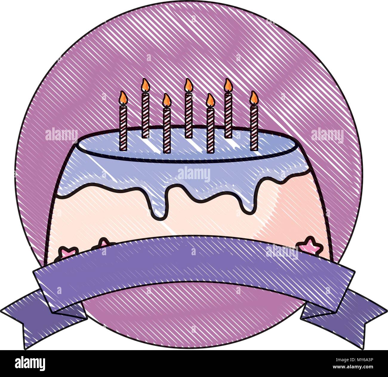 emblem with decorative ribbon and birthday cake icon over white ...