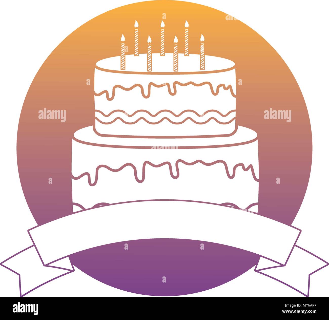 emblem with decorative ribbon and birthday cake icon over white ...