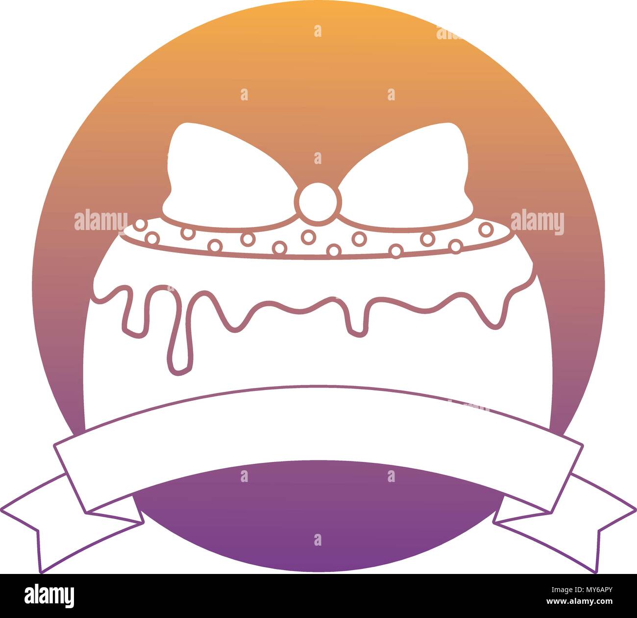 emblem with decorative ribbon and birthday cake icon over white ...