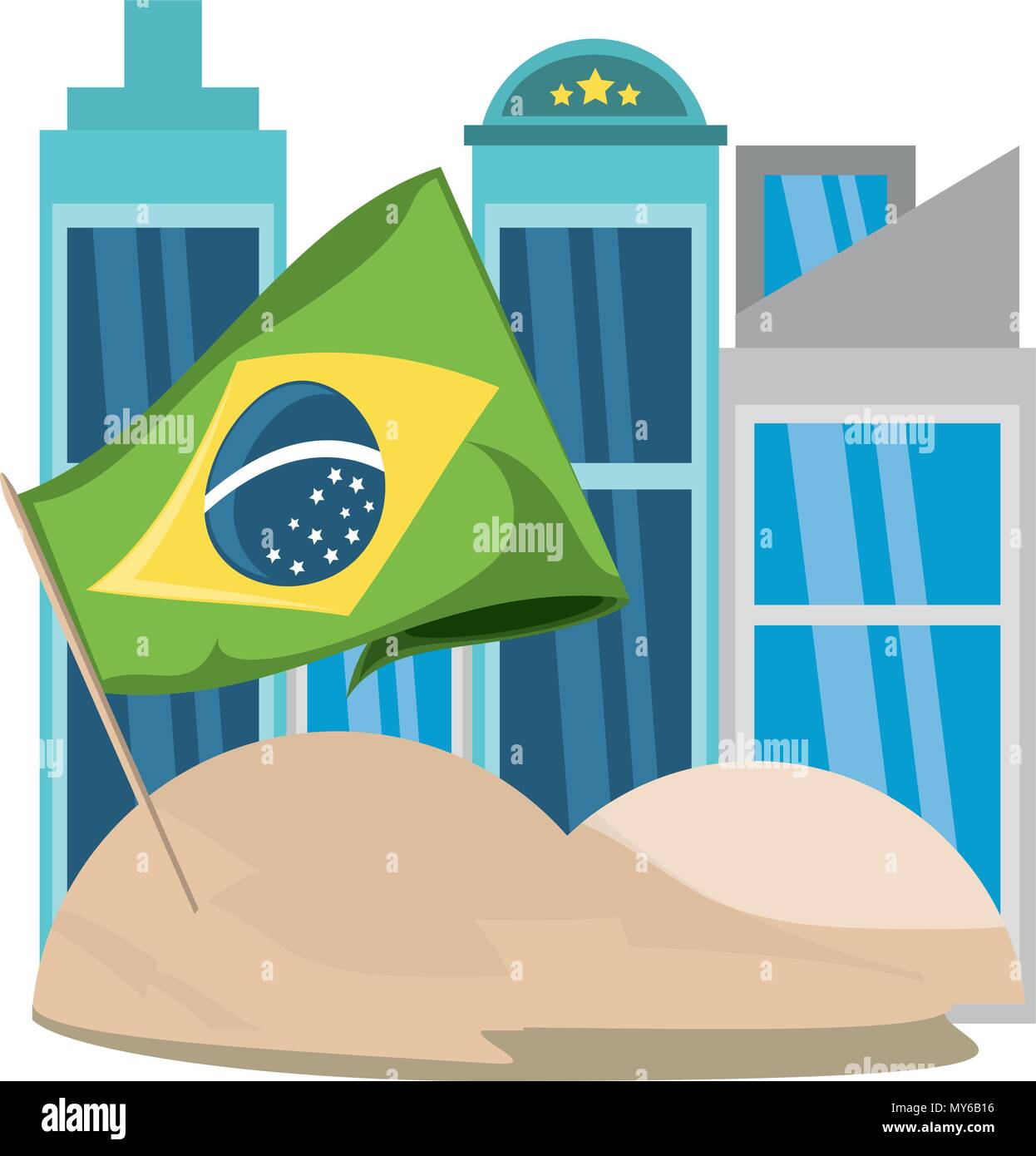 city buildings near to the beach with brazilian flag over white ...