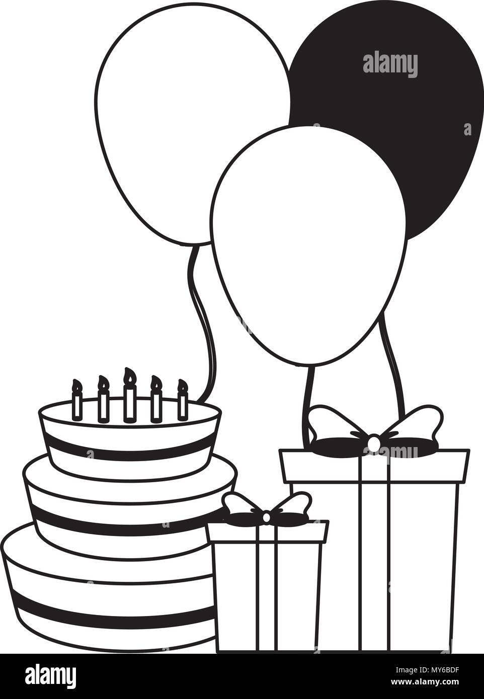 Birthday cake with gift box and decorative balloons over white ...