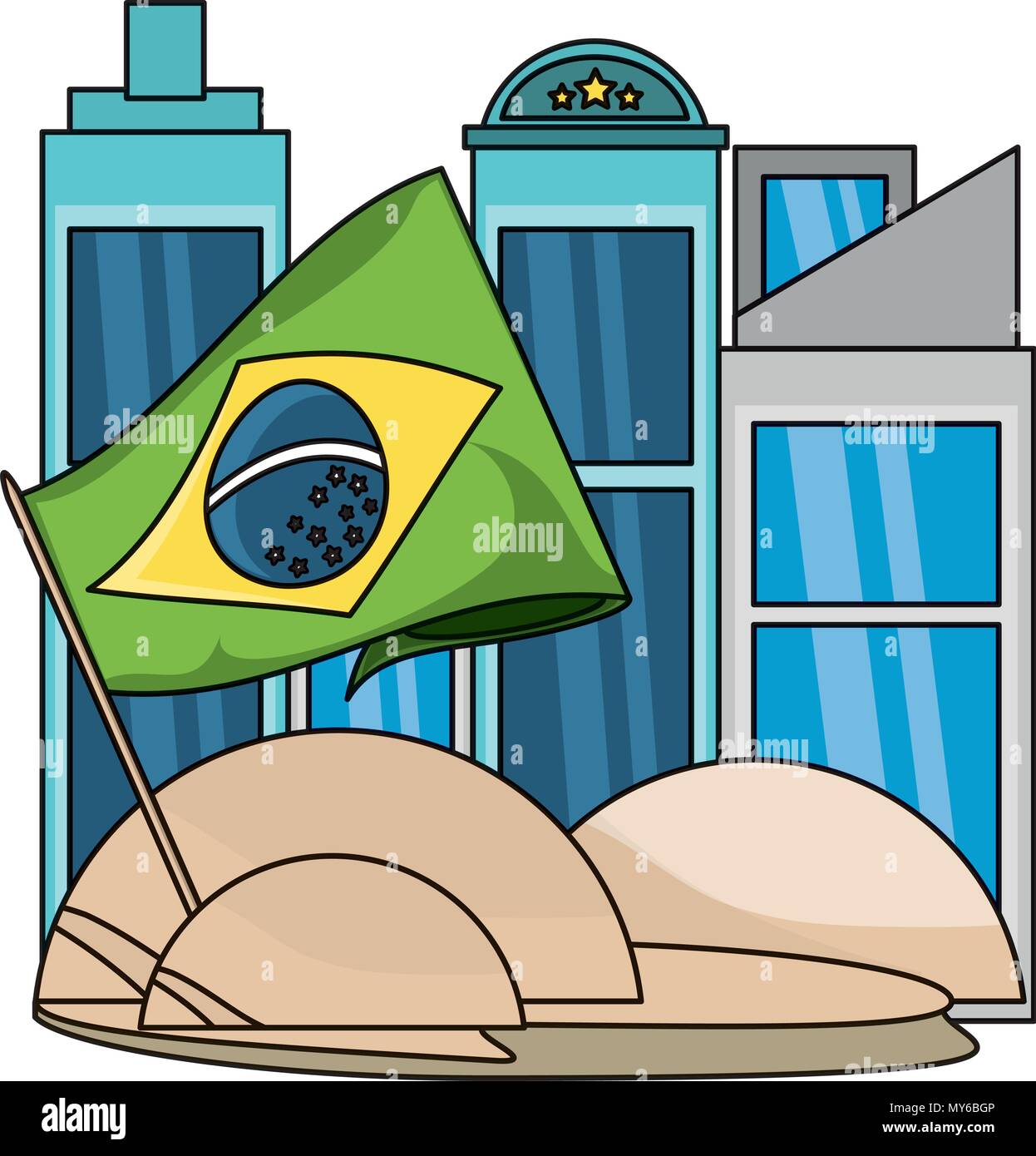 city buildings near to the beach with brazilian flag over white ...