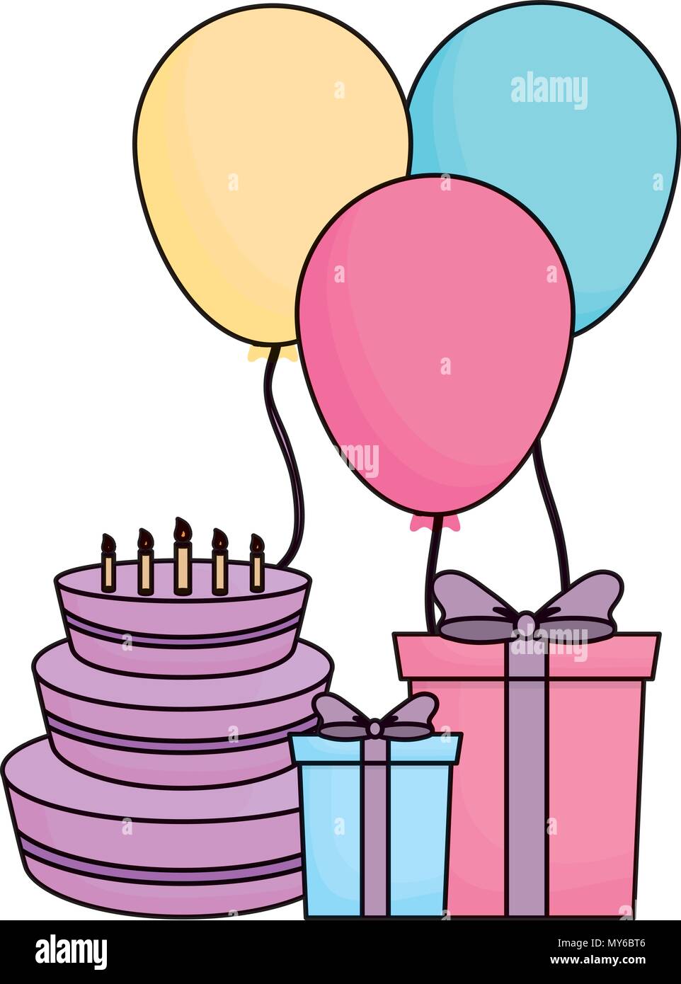 Birthday cake with gift box and decorative balloons over white ...