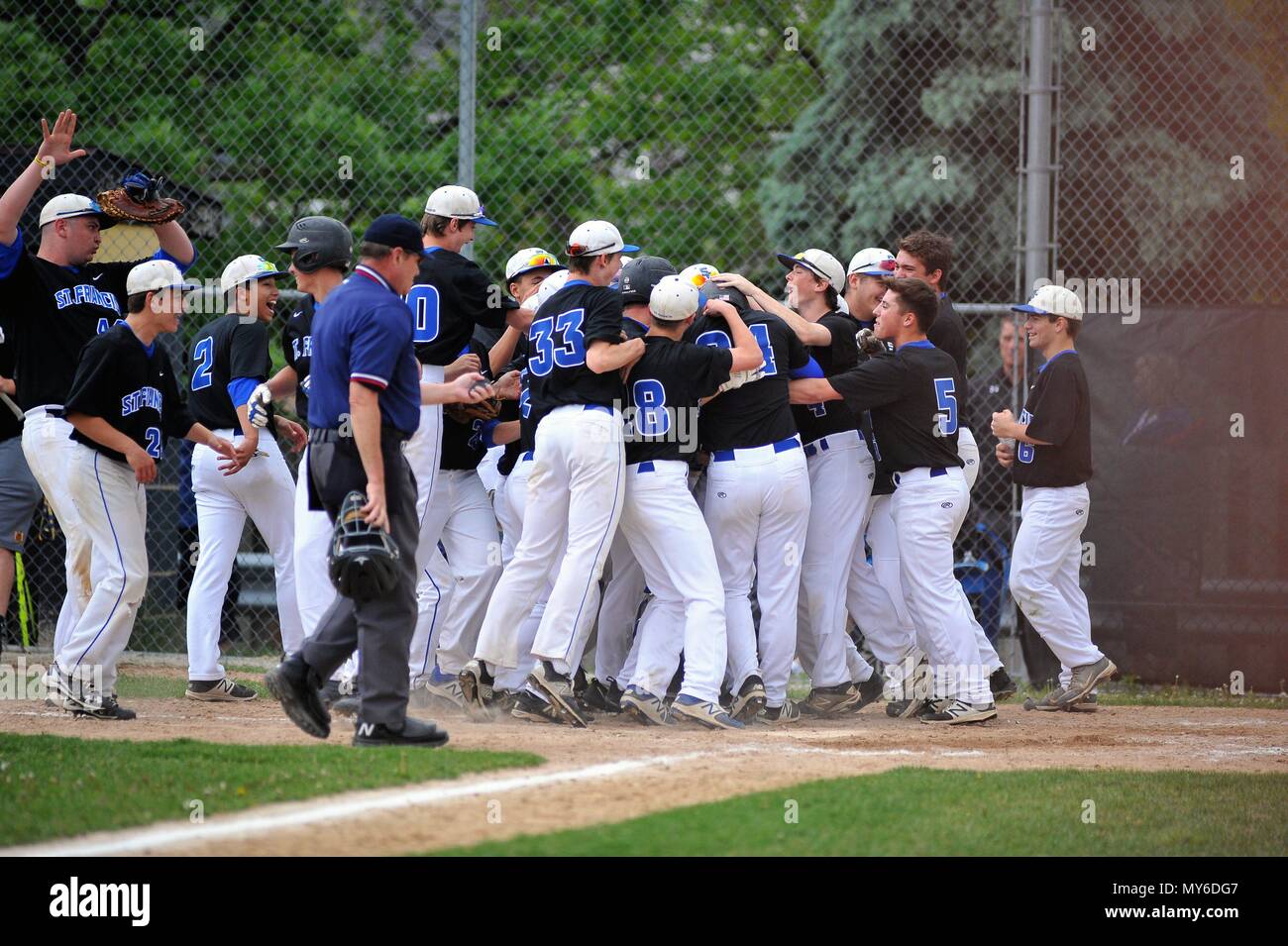 Teammates greet, mob and congratulate player at the plate following his ...