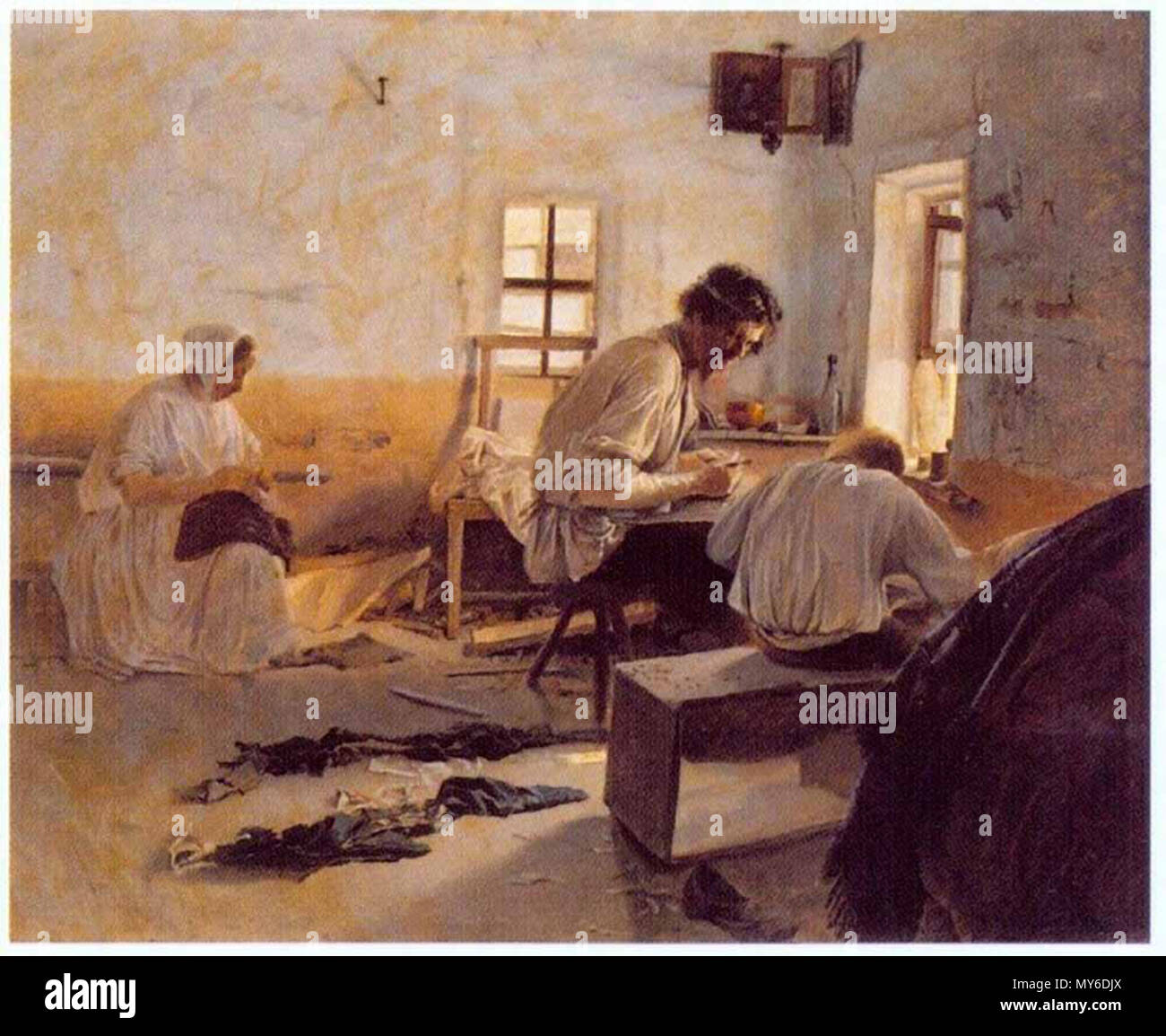 . Русский: 'Сапожники' (картина Л. Соловьёва) English: 'Shoemakers' (painting by Lev Solovyov ...