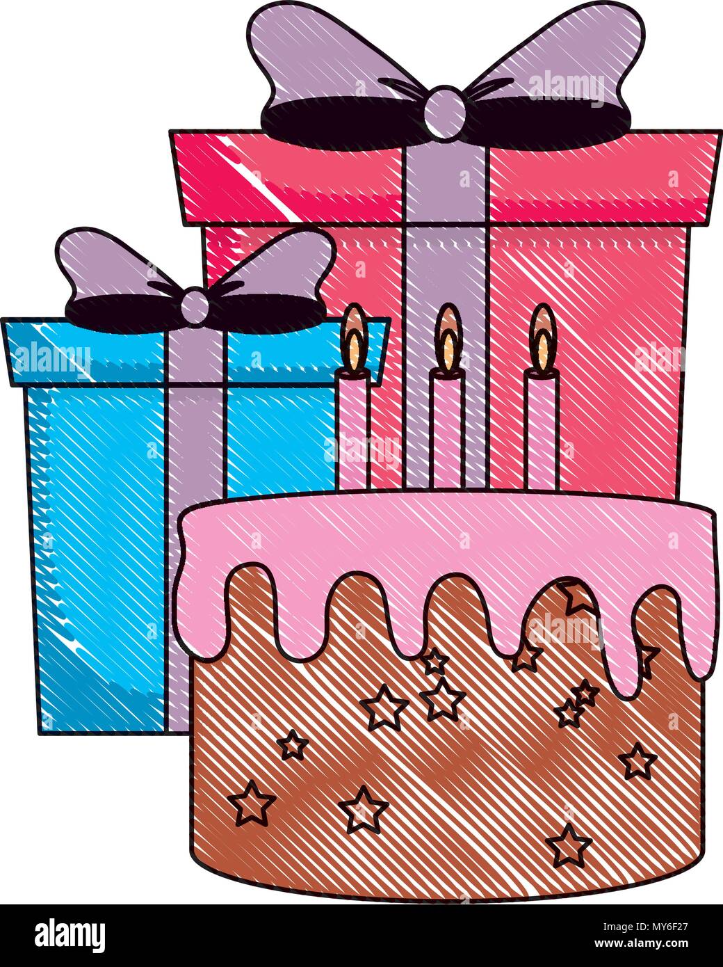 gift boxes and birthday cake over white background, vector illustration ...