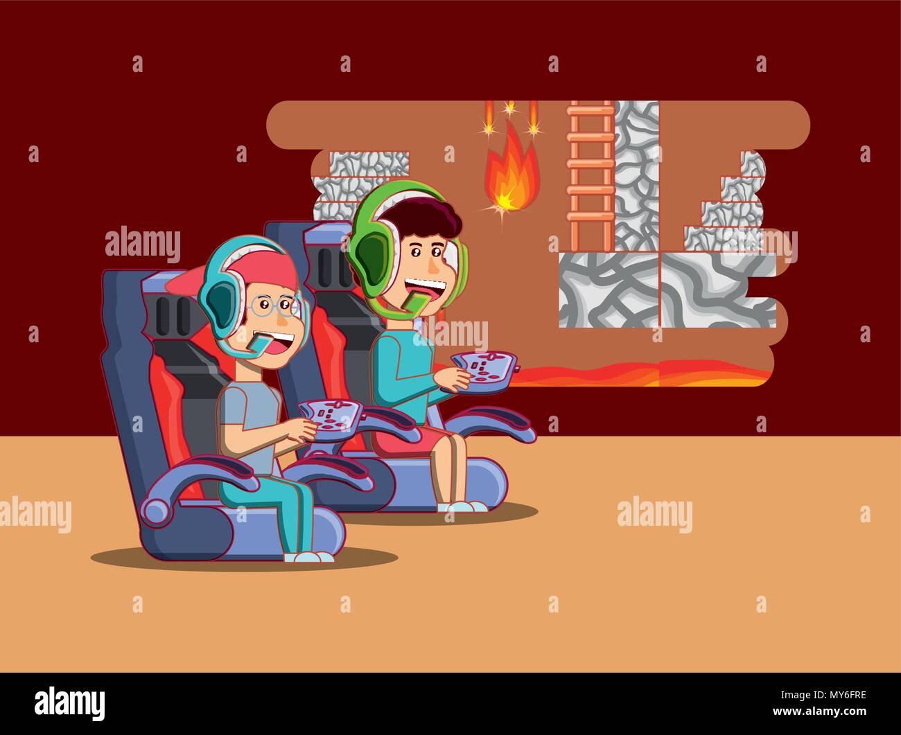 Cartoon happy kids playing video games over brown background, colorful ...