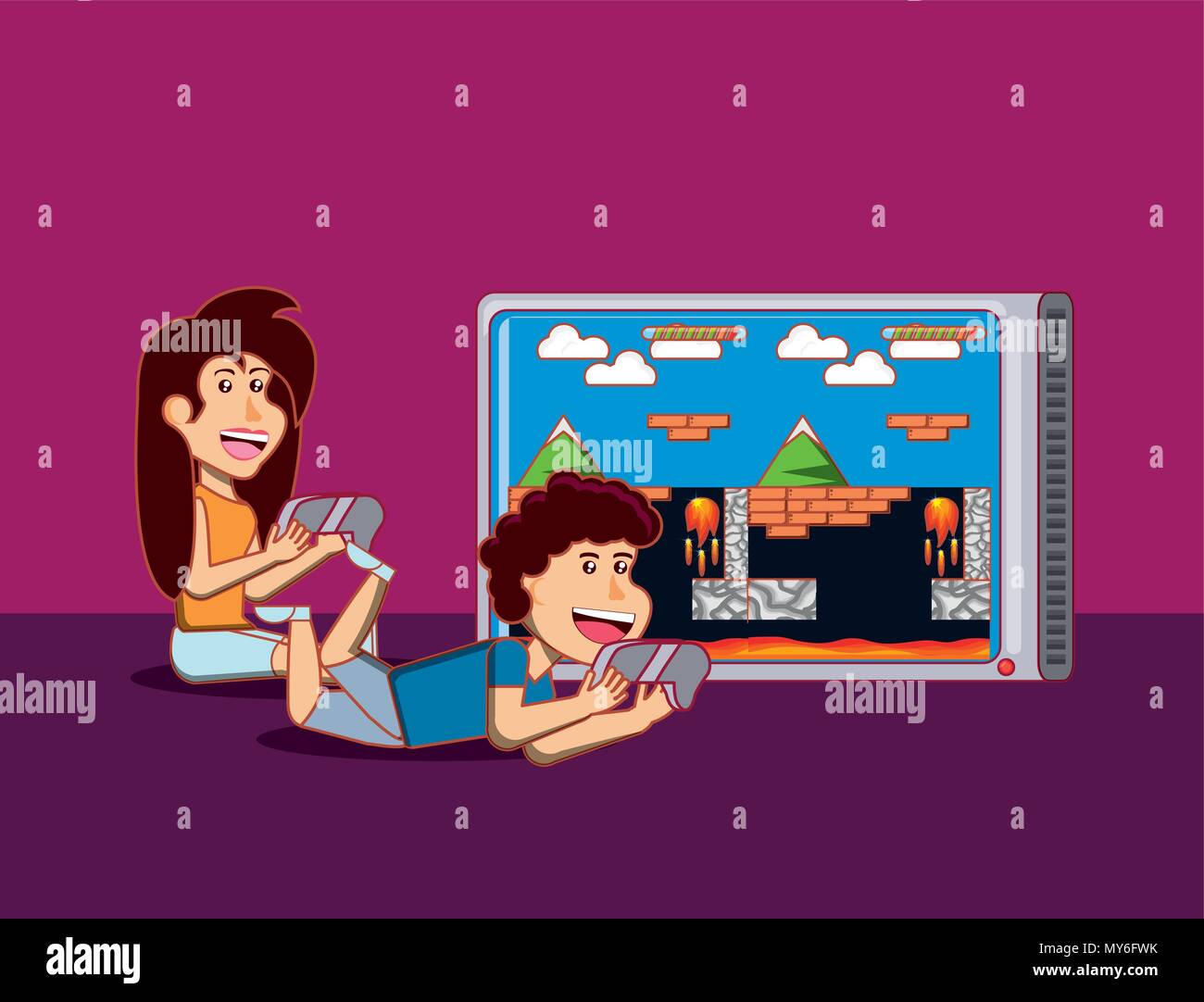Cartoon happy kids playing adventure video games over purple background ...