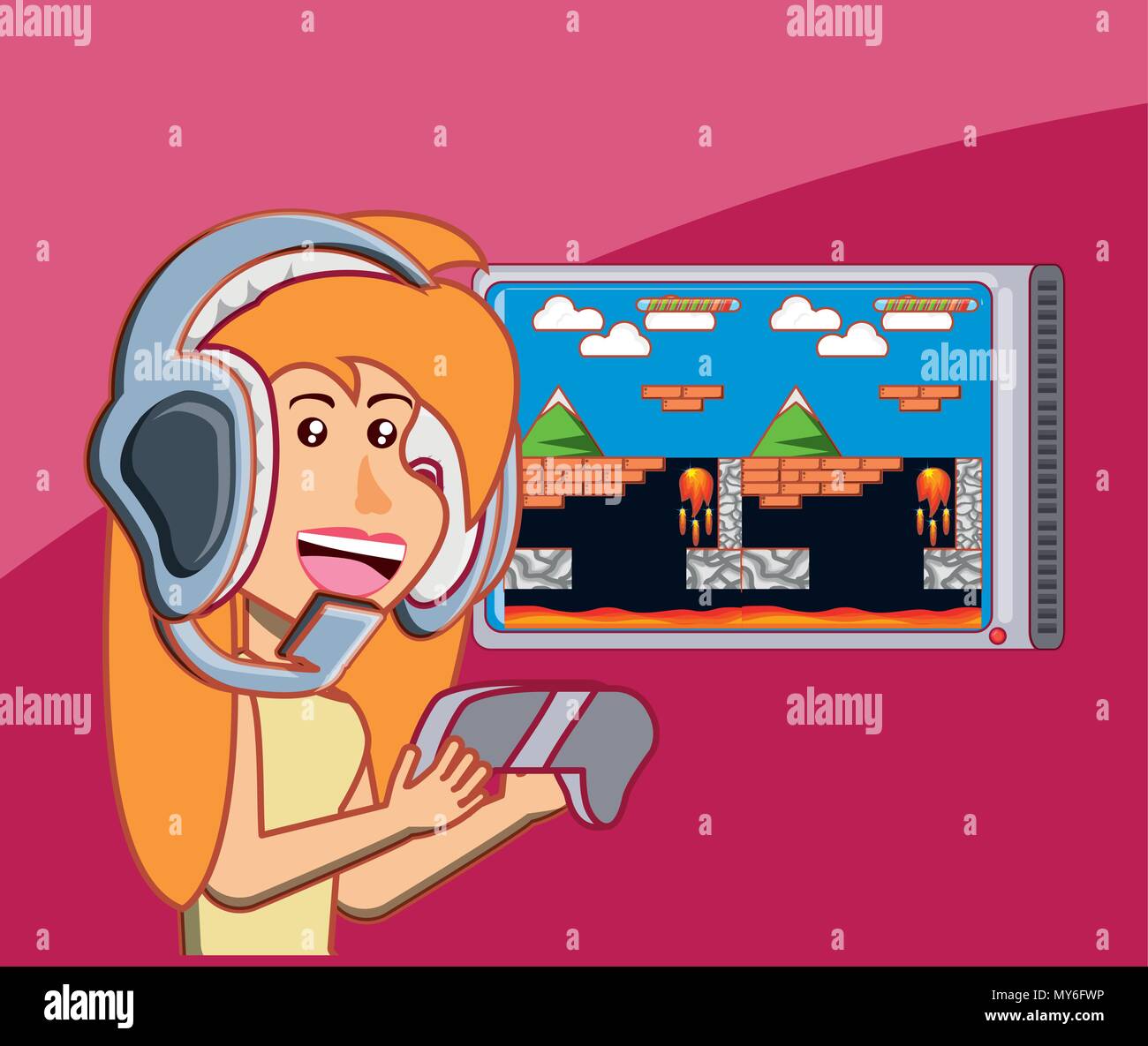 cartoon girl playing video game over pink background, colorful design ...
